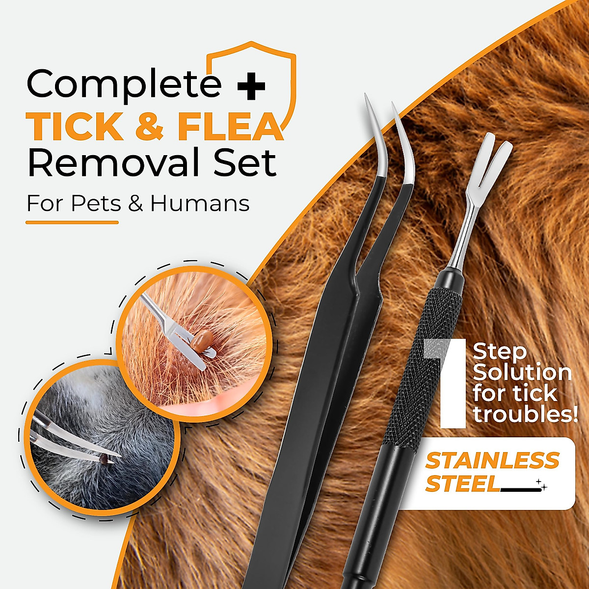 AKOSN Premium Tick Removal Tool - Stainless Steel Tick & Flea Remover for Pets Dogs Cats Humans -Safe Tick Control Puller &Precision Fine Point Tweezers to Completed Remove Ticks, 1 Set