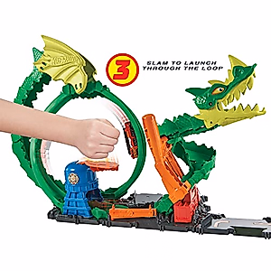 HOT WHEELS Track Set with 1:64 Scale Toy Firetruck, City Fire Station with Dragon Nemesis and Track Play, Dragon Drive Firefight
