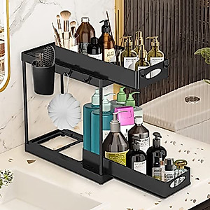 GzfunTeng Under Kitchen Sink Organizer and Storage, 2 Tier Sliding Bathroom Organizer, Pull Out Cabinet Organizer with 4 Hooks, 1 Hanging Cups, Finishing Storage Rack