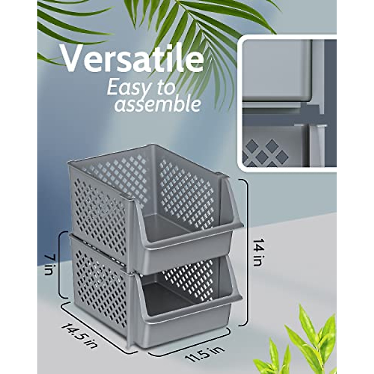 Skywin Plastic Stackable Storage Bins for Pantry - Stackable Bins For Organizing Food, Kitchen, and Bathroom Essentials (Grey, 2-Pack)