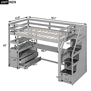 Twin Loft Bed with Stairs and Desk, Wood Loft Bed Frame with Storage Cabinet, High Loft Beds with Drawers & Shelf for Kids, Juniors, Teen, Boys, Girls, Gray