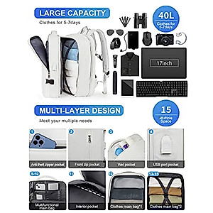 Large Travel Backpack for Women,Carry On Backpack,Expandable Airline Airplane Approved Weekender Backpack,Hiking Backpack,Laptop Backpack with USB Charging Port,Waterproof 40L Backpack Bag, White