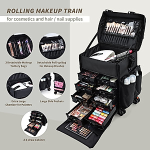 Costravio Professional Makeup Case, 2in1 Travel Makeup Rolling Case Soft Sided Cosmetology Train Case with Wheels Makeup Artist Cosmetic Organize for Make-up, Nail Art, Beauty, Hairstylist, Black