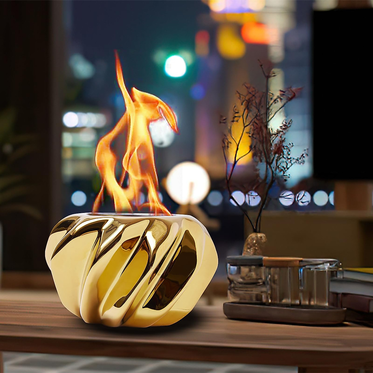 Sapbontchi Table Top Firepit, Small Fire Pits for Outside Patio/Indoor Portable Tabletop Fire Pit in Golden, Modern Home Tabletop Decor Clearance Living Dining Room Patio Balcony Backyard Garden