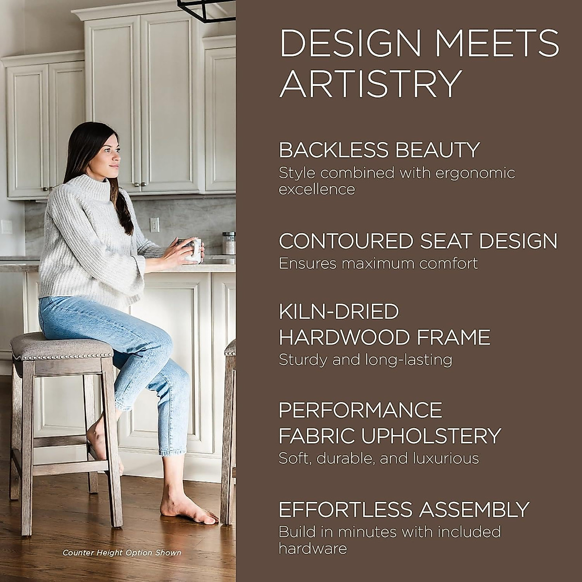 Maven Lane Adrien 31 Inch Bar Height Upholstered Backless Saddle Barstool in Dark Walnut Finish with Ash Grey Fabric Cushion Seat