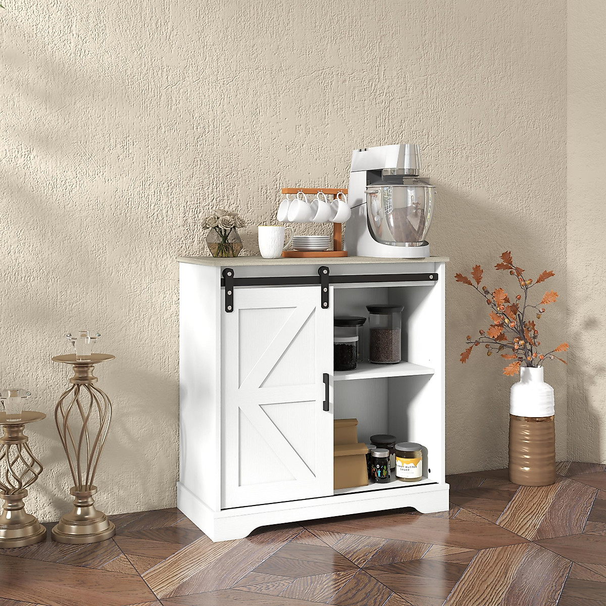 Panana Sliding Barn Door Buffet Sideboard Storage Cabinet Coffee Bar Kitchen Farmhouse Style (White Cabinet Nature Top)