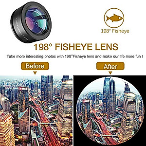 Phone Camera Lens,Upgraded 3 in 1 Phone Lens kit-198° Fisheye Lens + Macro Lens + 120° Wide Angle Lens,Clip on Cell Phone Lens Kit Compatible with iPhone Samsung Android Smartphones