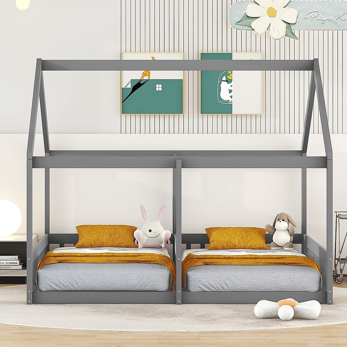 Twin House Bed for 2 Kids Wood Double Floor Beds Frame with Fence Railings Two Shared Beds for Boys Girls Teens, Twin Size, Gray