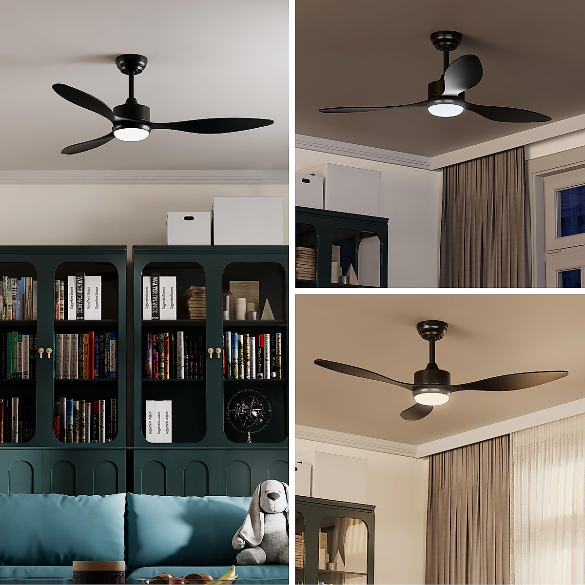 OUATER Modern Ceiling Fan with Lights, 52 inch, 6 Speed, DC Motor, Black, for Bedroom/Outdoor/Farmhouse/Patios