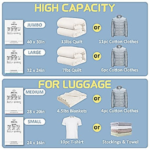 Rainbow Craft 34-PACK Vacuum Storage Bags for Cloths Space Saver Vacuum Bags for Blanket Including 2pc X-Jumbo, 15pc Jumbo, 4pc Large, 4pc Medium & 9pc Hand Roll Cloth Bags