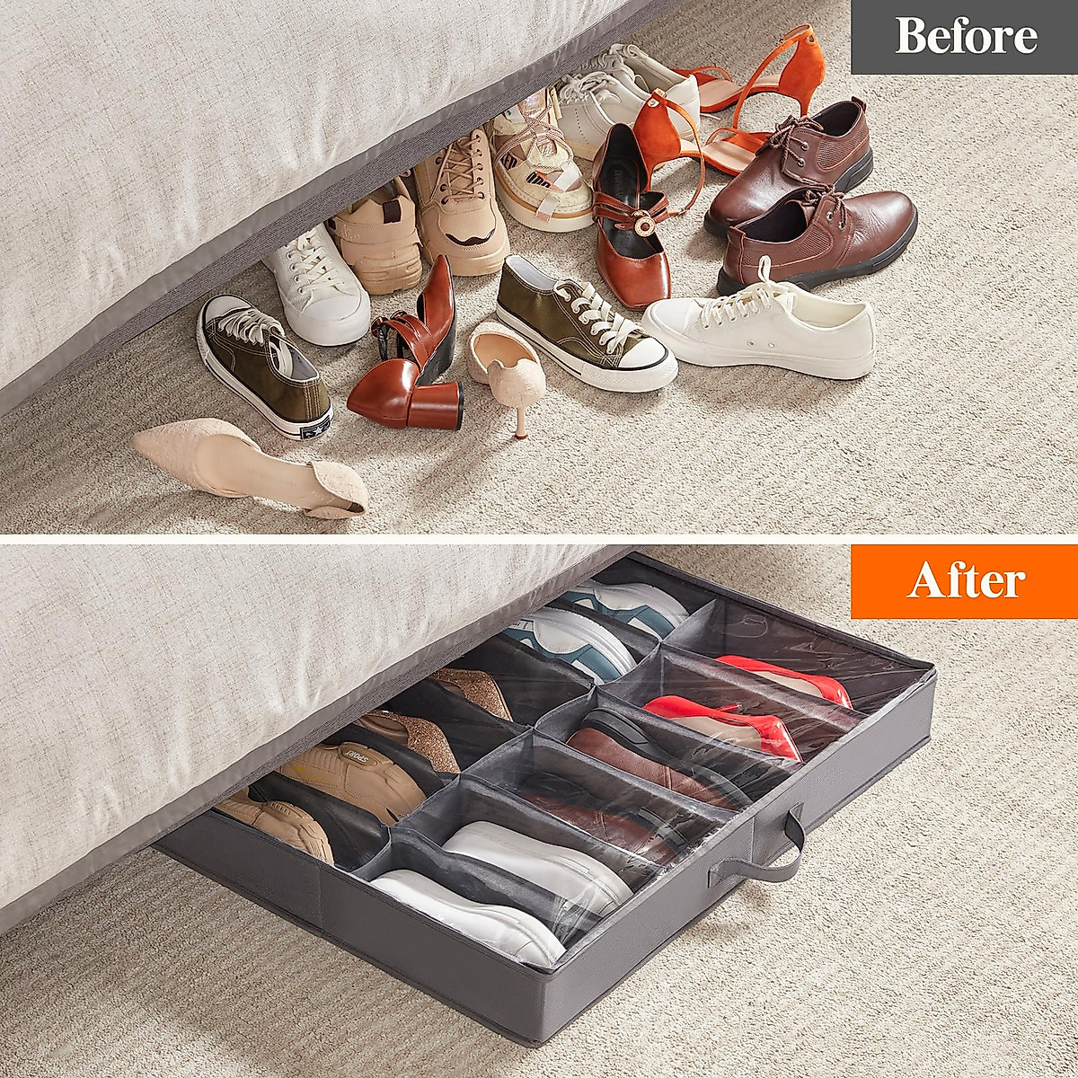 Lifewit Under Bed Shoe Storage Organizer Set of 2, Foldable Fabric Shoes Container Box with Clear Cover See Through Window Storage Bag with 2 Handles Total Fits 24 Pairs of Shoes, Grey