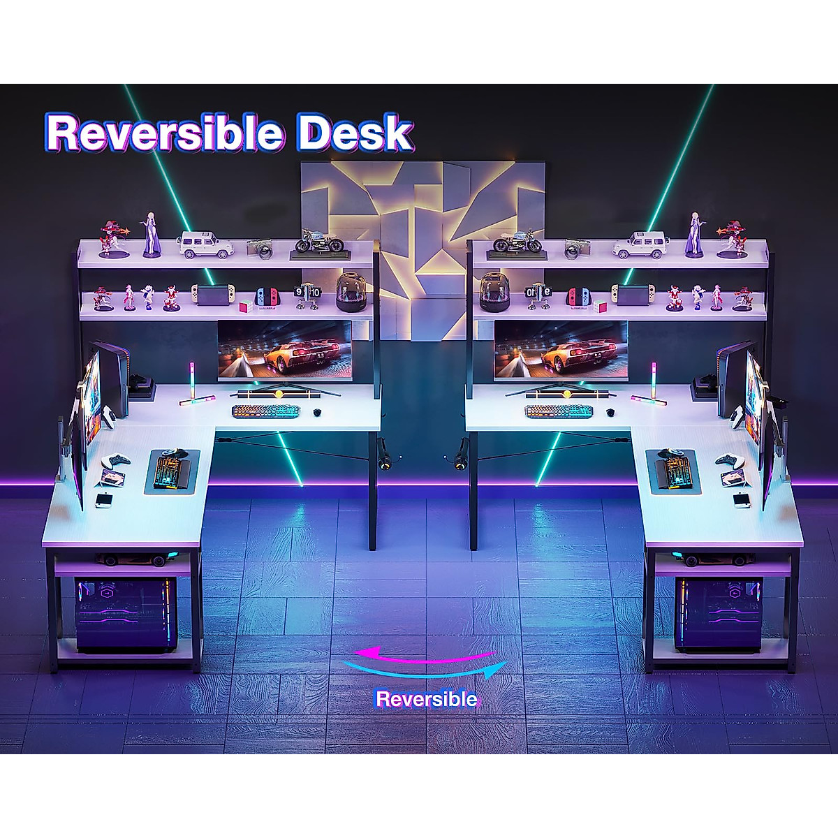 ODK L Shaped Gaming Desk with Hutch, Computer Desk with Storage Shelves, 66" L Shaped Desk for Home Office, Corner Desk with Headphone Hook, White