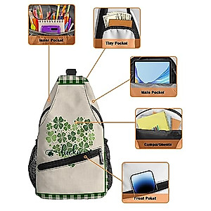 Sling Backpack, St. Patrick's Day Lucky Shamrocks Clover Love Heart Green Buffalo Plaid Waterproof Lightweight Small Sling Bag, Travel Chest Bag Crossbody Shoulder Bag Hiking Daypack for Women Men