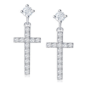 Carleen 14K White Gold Plated Sterling Silver Cubic Zirconia CZ Simulated Diamond Small Cute Cross Stud Earrings for Women Dangle Drop Earrings for Women