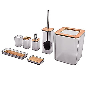 FIYO 7 Pcs Bamboo Bathroom Accessories Set, Bath Accessories Set with Soap Dish, Toothbrush Holder, Cup, Soap Dispenser, Trash Bin, Toilet Brush with Holder for Home Hotel(Grey)