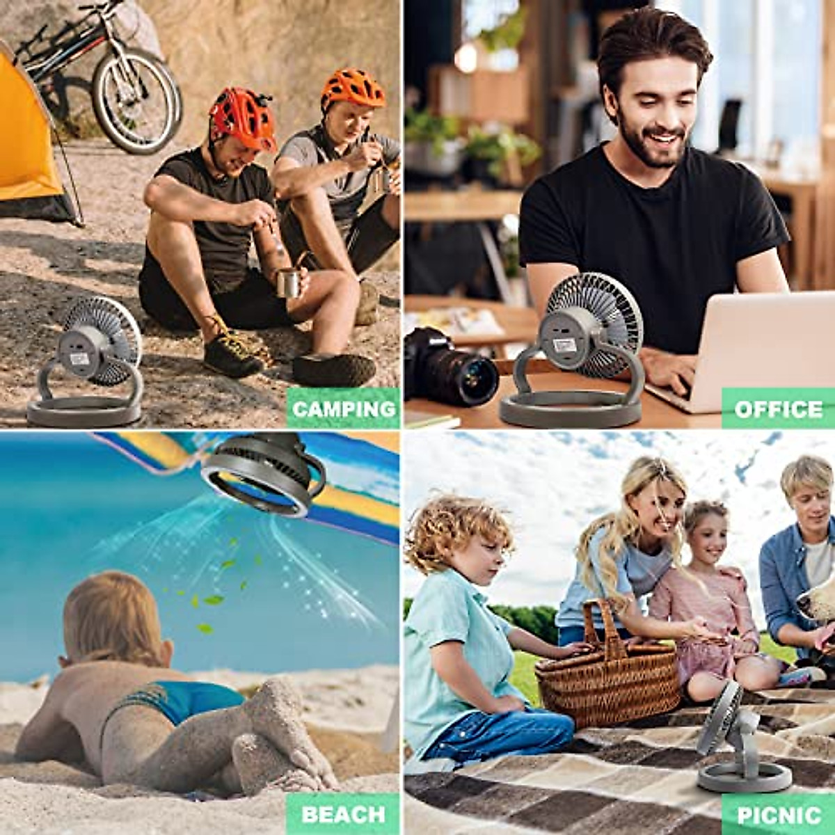 Teioe Camping Fan with LED Lantern, 8000 mAh Battery Operated Tent Fan with Hook, Rechargeable Table Fan for Camping, Fishing, Jobsite, Office, Emergency (Grey)