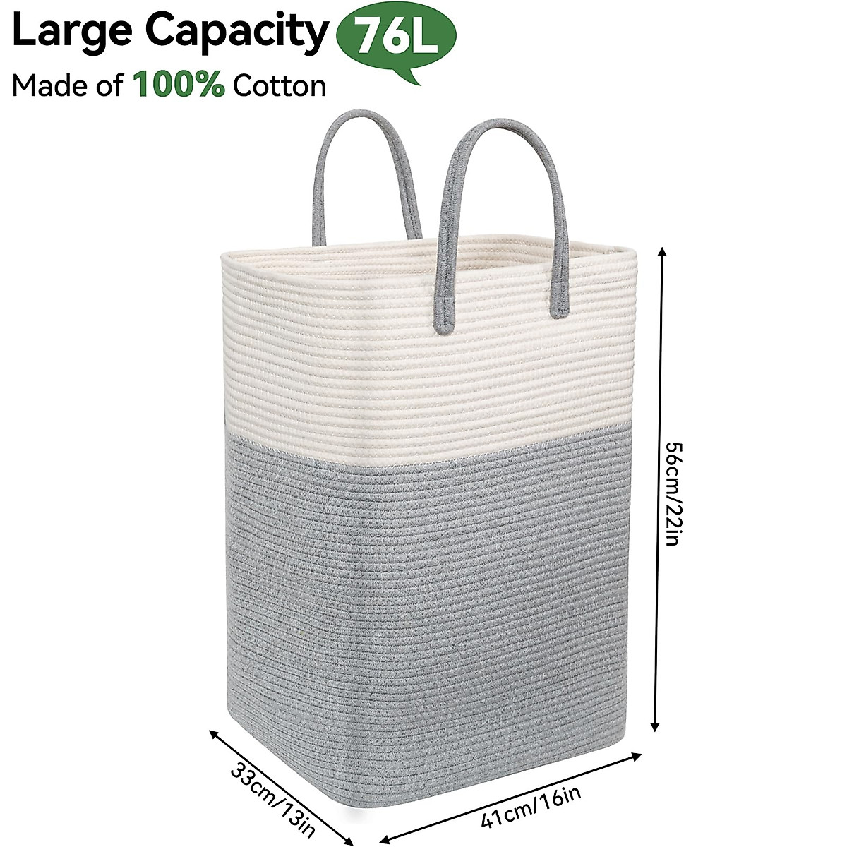 CHICSTASH Cotton Rope Laundry Hamper with Handles,76L Large Laundry Basket Blanket Basket for Living Room Durable Dirty Clothes Basket for Bedroom, Dorm, Towels, Toys(16x13x22in Grey & White)