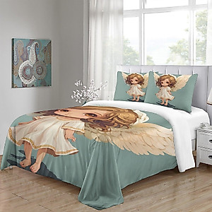 SorEci Angel with Wings Comforter Covers 3D Printed Cute Style Duvet Cover Quilt Cover Bedding Set Microfiber for Childrens and Adults with Pillowcases 3 Pieces with Zipper Closure Queen（228x228cm）