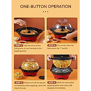 Popcorn Machine, 6.3 Qtrs./28 Cup Popcorn Maker, 800w Stir Crazy Popcorn Popper with Quick-Heat Technology, Removable Non-Stick Surface, Cool Touch Handles, Thicken Transparent Cover, 2 Measuring Cap