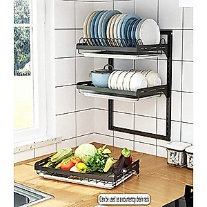 FEHUN Sinks,3-Layer Wall-Mounted Dish Drying Rack，Kitchen Rack,201 Stainless Steel Kitchen Dish Rack Drain Rack with Drain Tray