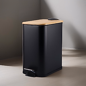 Step Trash Can with Bamboo Lid Kitchen Wastebasket Rubbish Container Modern Foot Pedal Garbage Bin for Sunroom Entryway Home, Black