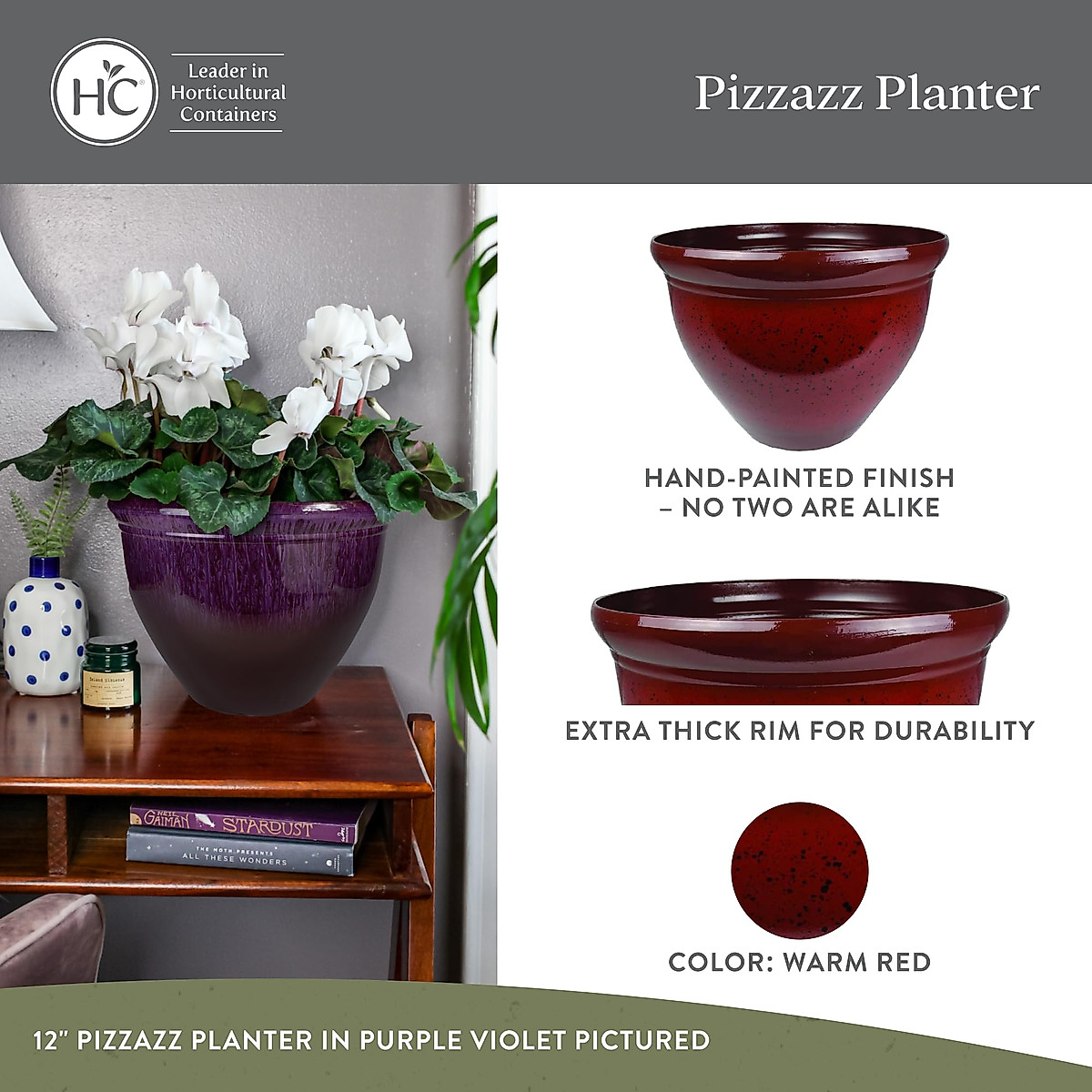 The HC Companies 12 Inch Pizzazz Decorative Round Planter - Lightweight Premium Resin Plant Pot with a Ceramic Look for Indoor Outdoor Use, Warm Red