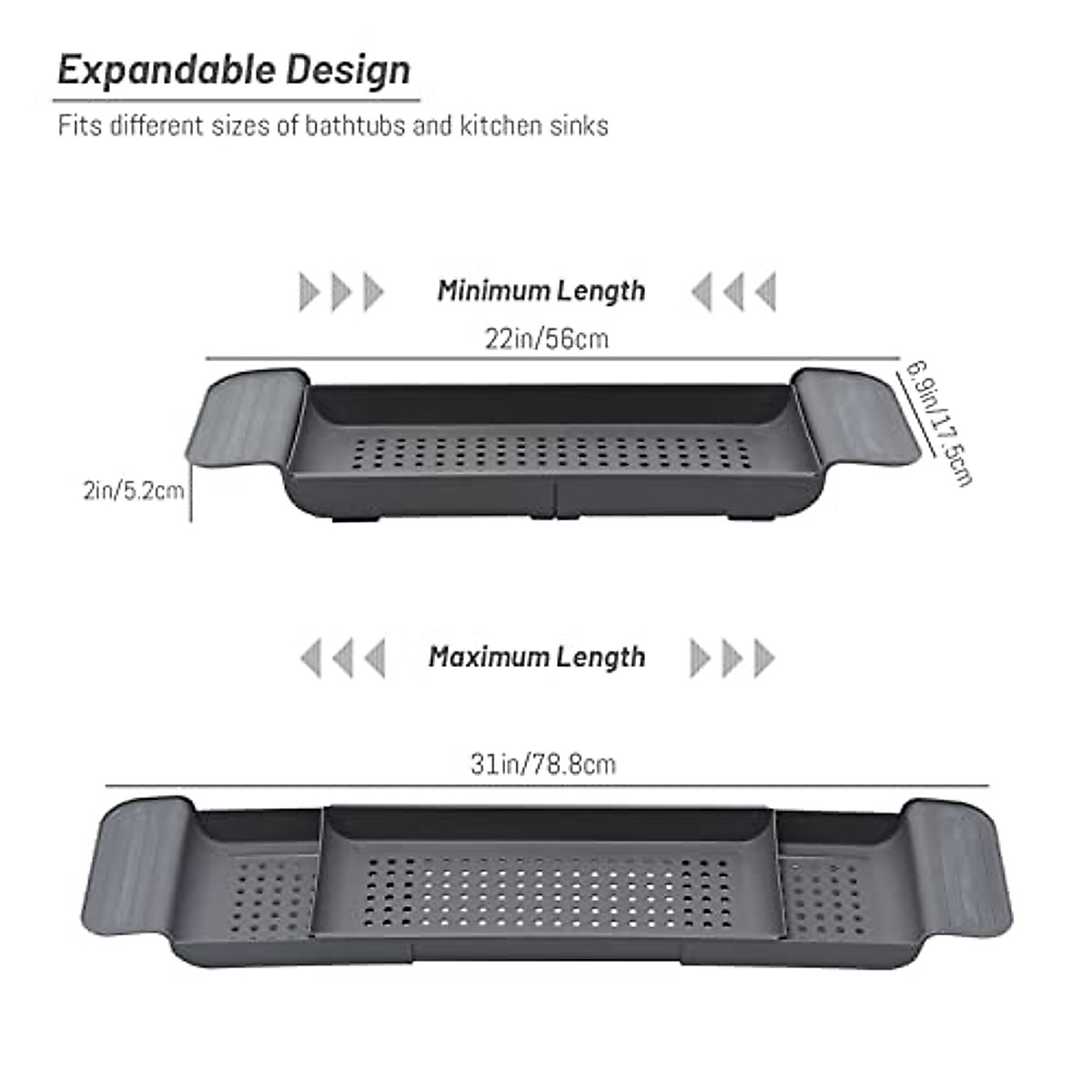 Expandable Caddy Bath Tray for Tub, Multifunctional Drain Bathtub Shelf with Non-Slip Extending Grip for Tub Against Wall, Kitchen Dish Drying, Tub Organizer with Foldable Storage Baskets