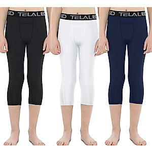 TELALEO 3/4 Boys Youth Compression Leggings Tights Base Layer Sports Running Capris Kids for Workout Training 3PACK M