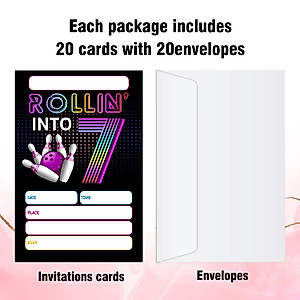 WUINCK 7th Birthday Party Invitations Cards, Roller Bowling Birthday Party Invitations for Kids, Boys and Girls, Neon Bowling Birthday Party Celebration Supplies, 20 Invitation with Envelopes - 0063