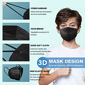 MOORAY 60 Pack Kids KN95 Mask,5-Layers Black Disposable Face Masks for Kids with Adjustable Ear Loop Black Masks Respirator Protection for Children(Black)