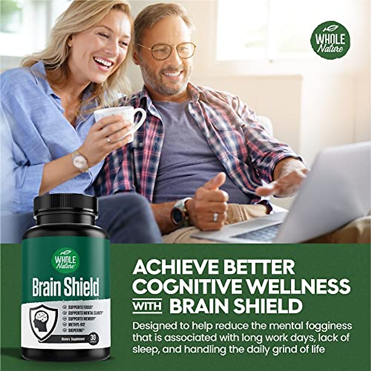 Whole Nature Brain Booster Nootropics - Brain Shield with Ginkgo Biloba, Alpha GPC and Bacopa Monnieri, Vitamin B12, B3 - Support Focus, Memory & Clarity, Energy & Stress Relief. (1)