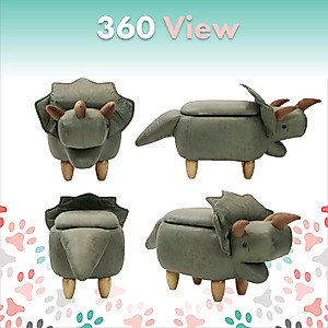 CRITTER SITTERS 15-in. Seat Height Green Triceratops Dinosaur Animal Shape Storage Ottoman, Kids Furniture for Nursery, Bedroom, Playroom, and Living Room Decor, Multifunctional Cushioned Step Stool