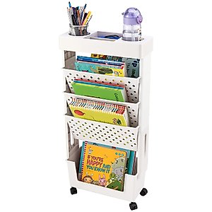 CINPIUK Rolling Office Paper Organizer, Mobile Book Cart Document Folder File Storage with Pen Holder, Slim Rolling Storage Cart Movable Bookshelf for Office, Dorm, Classroom, Nursery, White