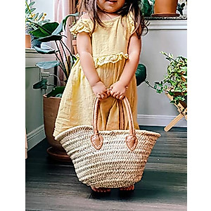 French Market Basket Bag | Handmade Moroccan Seagrass Baskets - Small (14x7) | Wicker Basket for Beach, Laundry, Toy, Blanket, Storage, Baby, or Picnic