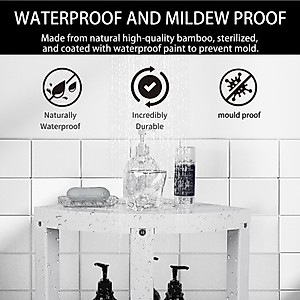 Corner Shower Bench with Storage Shelf,Waterproof Bamboo Corner Shower Stool for Shaving Legs,Easy Assemble Non-Slip Shower Chair for Bathroom,Stable & Sturdy Adjustable Feet Shower Seat(White)