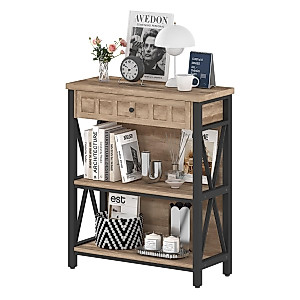 FATORRI Rustic Bookshelf with Drawer, Industrial Wood and Metal Bookcase, Small Book Shelf and Low Book case for Small Space (Rustic Oak)