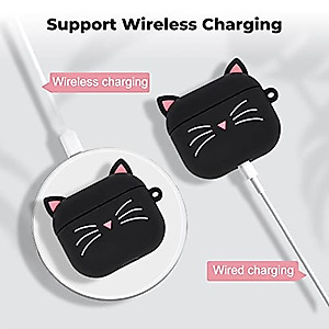Mouzor Cute AirPods 3 Case (2021), Black Whisker Cat AirPods 3rd Generation (2021) Case Funny 3D Cartoon Animal Shockproof Soft Silicone Charging Case Cover with Carabiner for Kids Girls Boys Women