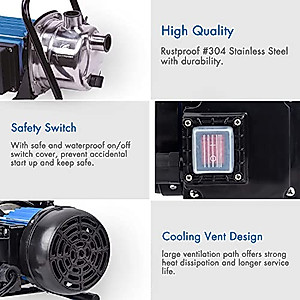 FLUENTPOWER 1 HP Portable Stainless Steel Sprinkler Booster Pump, Electric Shallow Well Pressure Pump for Home Garden Lawn Irrigation and Water Transfer, 13 ft Intake Hose with check valve included