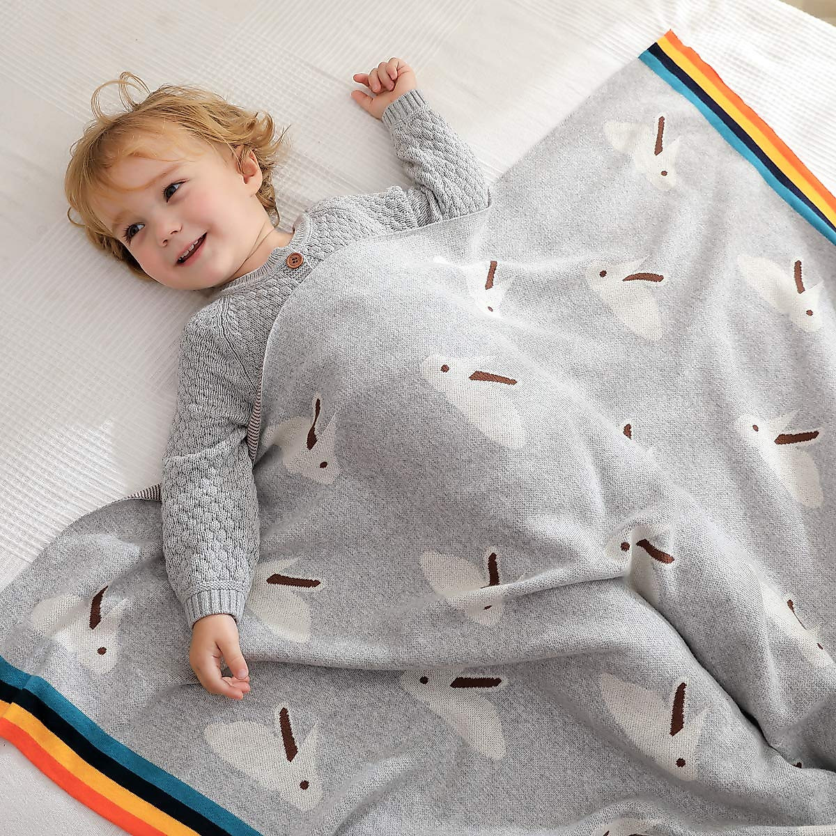 mimixiong 100% Cotton Baby Blanket Knitted Toddler Blanket Soft Cute with Cute Bunny Size 30 x 40 inches Grey