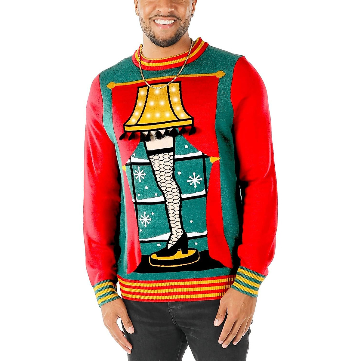 Tipsy Elves Bright Christmas Story Light Up Leg Lamp Green Ugly Christmas Sweater for Men Size XX-Large