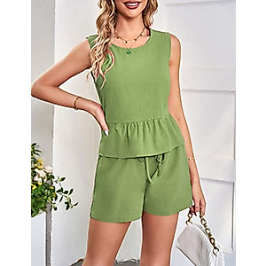 Bozanly Women's Summer 2 Piece Outfits Sleeveless Ruffle Crop Tank Top High Waist Wide Leg Shorts Sets(0680-Green-XL)