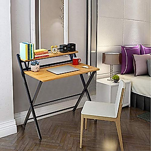 【US Stock】 Folding Study Computer Desk - Writing Desk Portable Lazy Foldable Table Laptop Desk Simple Computer Desk with Shelf for Small Space,Free Installation Home Office Desk (Khaki)