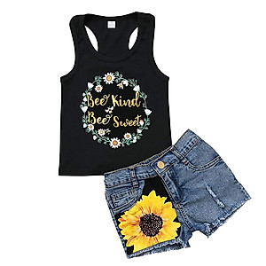 Honganda Fashion 2Pcs Toddler Kids Baby Girl Sunflower Outfits Sleeveless Tank Top+Denim Shorts Summer Clothes (Black, 4-5T)