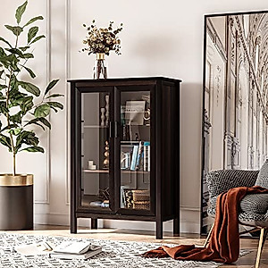 HOMCOM Rustic Kitchen Storage Cabinet, Accent Sideboard with Glass Doors Adjustable Shelves for Dining Living Room, Brown Wood Grain