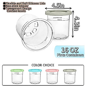 JDPNJSI Containers Replacement for Ninja Creami Pints and Lids - 4 Pack, 16oz Compatible with NC301 NC300 NC299AMZ Series Ice Cream Maker, BPA Free and Dishwasher Safe, Grey/Blue/Pink/Green