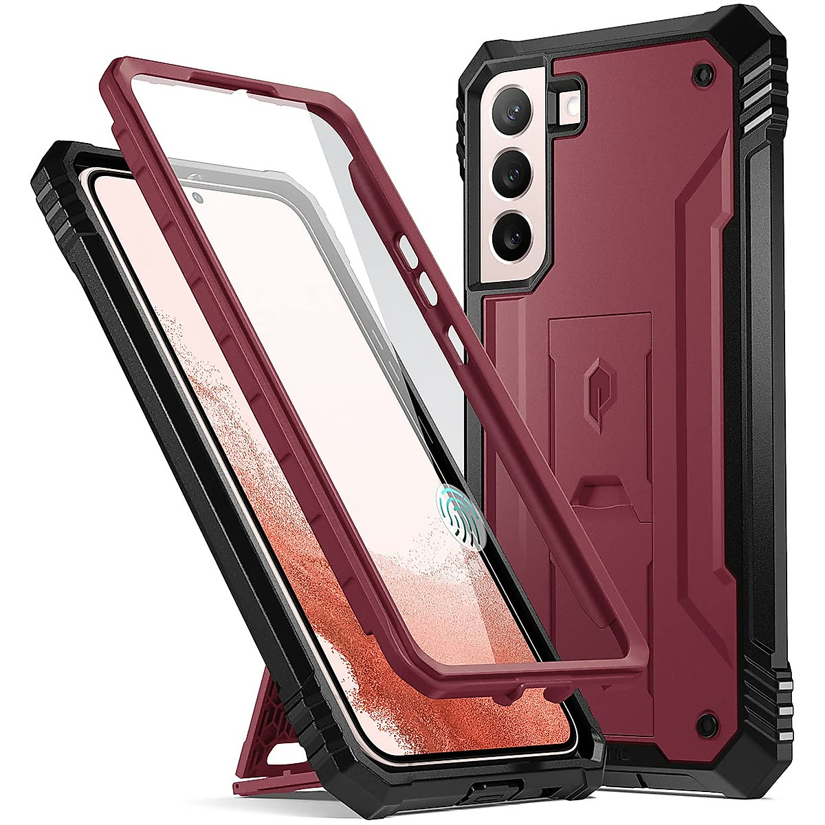 Poetic Revolution Case for Samsung Galaxy S22 5G 6.1 inch, Built-in Screen Protector Work with Fingerprint ID, Full Body Rugged Shockproof Protective Cover Case with Kickstand, Maroon Red