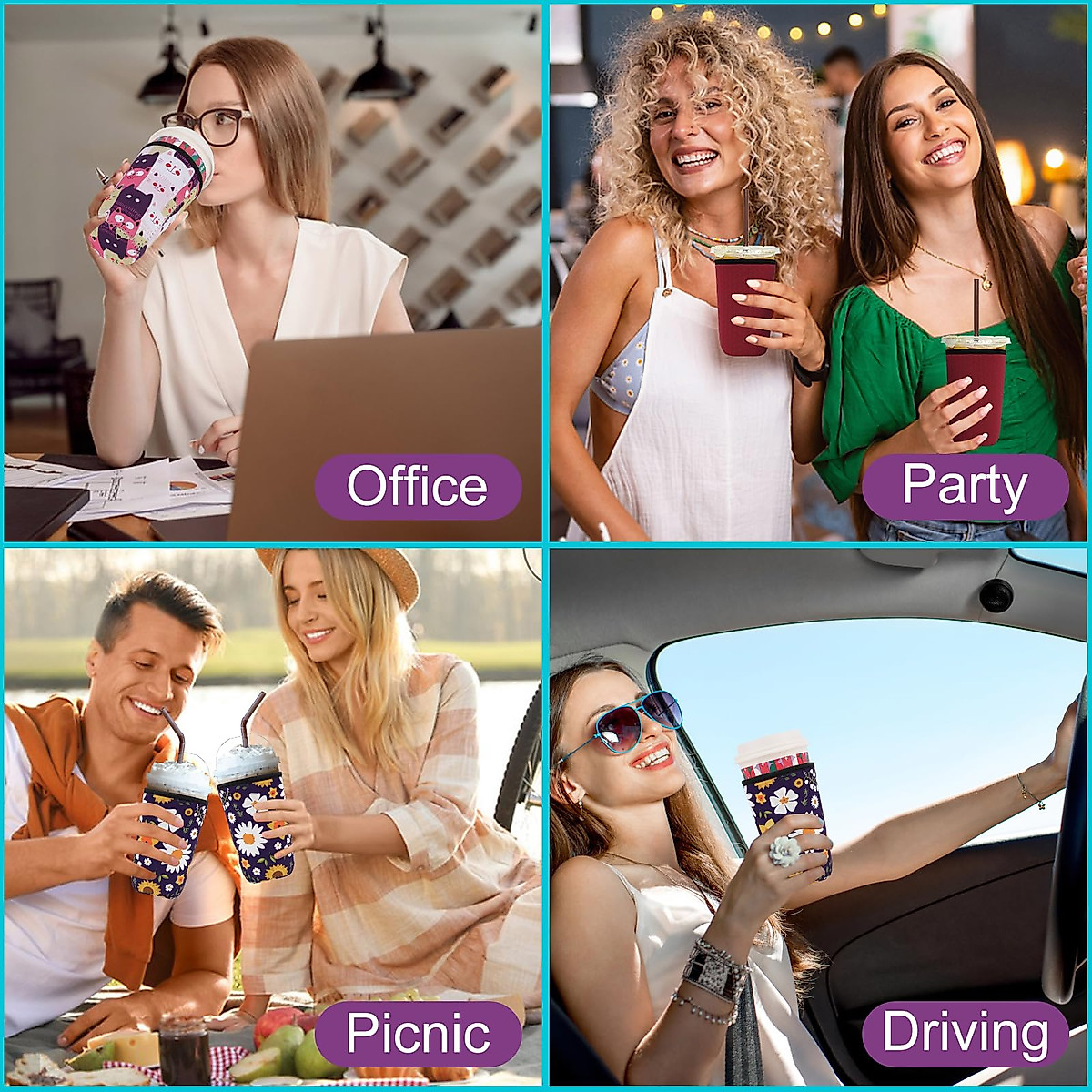 Desing Wish 3 Pack Reusable Iced Coffee Protective Sleeves Cup Insulator Neoprene Coffee Cup Cooler Sleeves Holders for 16-18oz/ 22-24oz/ 30-32oz Cold Drinks - Cats