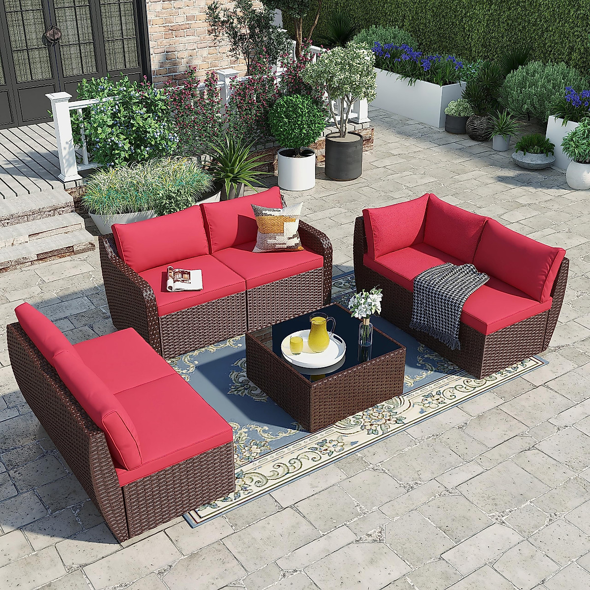 Vicluke 7 Piece Patio Furniture Set, Rattan Wicker Sectional Sofa Set with Ergonomic Curved Armrest, Outdoor Conversation Set with Waterproof Cushion and Glass Table for Garden, Backyard (Red)
