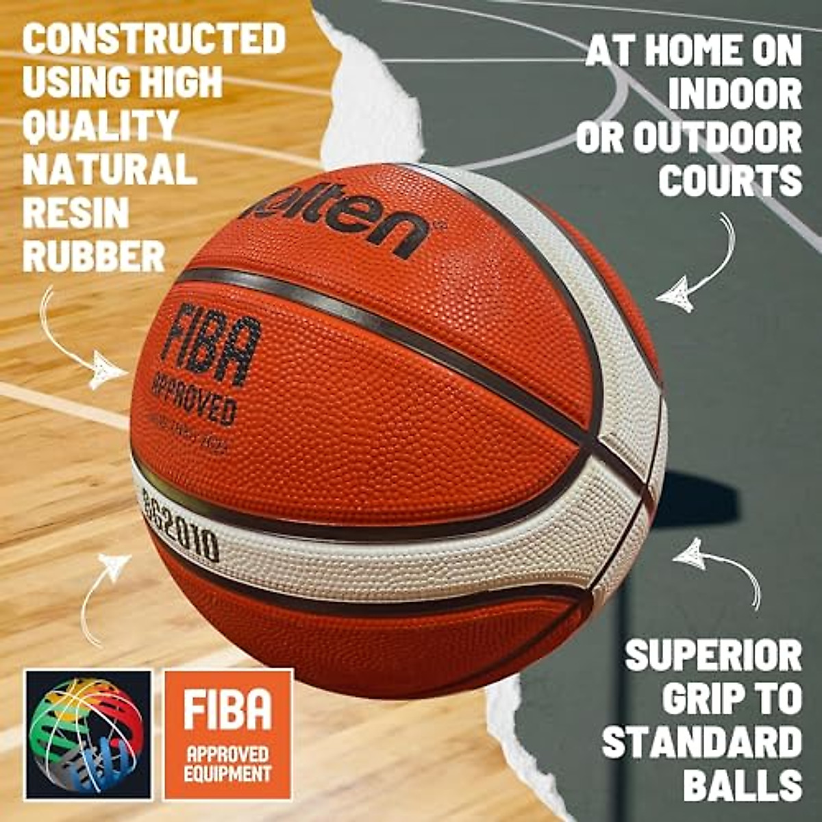 Molten BG2010 Basketball, Indoor/Outdoor, FIBA Approved, Premium Rubber, Deep Channel, Size 7, Orange/Ivory, Suitable for Boys Age 14 & Adult