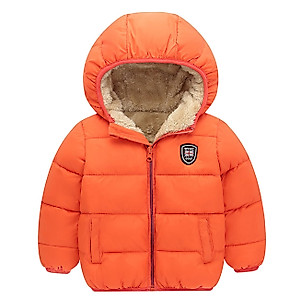 Happy Cherry Kids Winter Windproof Warm Coat Autumn Thick Fur Lined Outwear Hooded Zipper Jacket with Pockets for 2-3 Years, Orange
